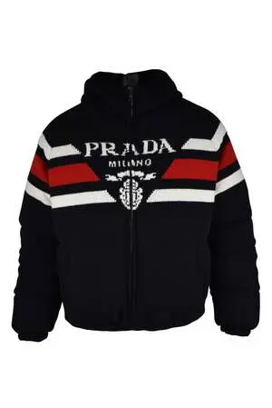 Prada Down Jacket With Hood And Logo - Black