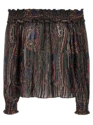 SAINT LAURENT SAINT LAURENT Smock Stitch Paisley Print Off-the-Shoulder Blouse