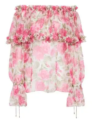 Chloé Off-the-shoulder Puff-sleeve Top In Floral Silk Mousseline - Multicolor