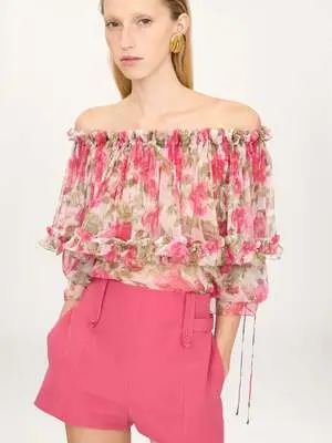 Chloé Off-the-shoulder Puff-sleeve Top In Floral Silk Mousseline - Multicolor