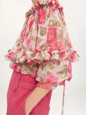 Chloé Off-the-shoulder Puff-sleeve Top In Floral Silk Mousseline - Multicolor