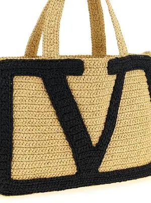 Valentino Garavani Viva Superstar" Large Shopping Bag In Crochet Raffia With Maxi Vlogo - Black