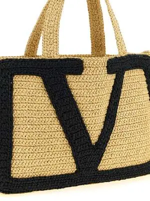Valentino Garavani Viva Superstar" Large Shopping Bag In Crochet Raffia With Maxi Vlogo - Black