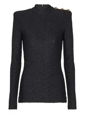Balmain Monogram High-neck Bouclette Top With Shoulder Buttons - Multicolor