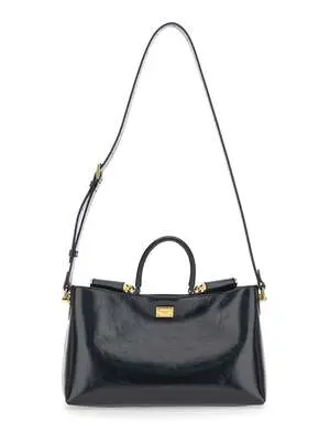 Dolce & Gabbana Leather Handbag With Adjustable Shoulder Strap And Logo Plate - Black
