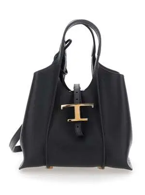 TOD'S Black Hammered Leather Logo Plate Tote Bag - Multicolor