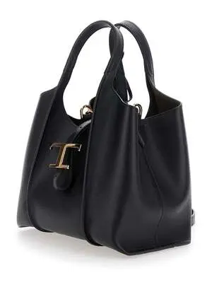 TOD'S Black Hammered Leather Logo Plate Tote Bag - Multicolor