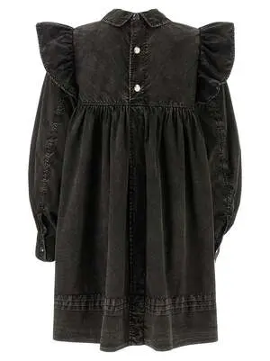 GANNI Washed Cotton Mini Shirt Dress With Ruffles - Black