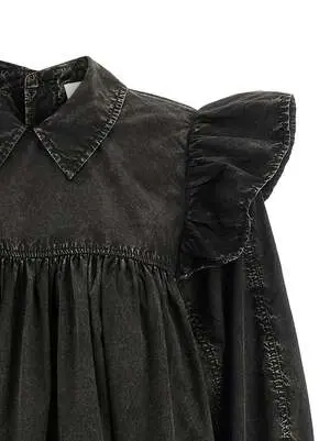 GANNI Washed Cotton Mini Shirt Dress With Ruffles - Black