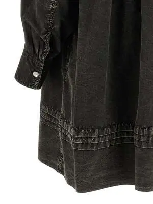 GANNI Washed Cotton Mini Shirt Dress With Ruffles - Black