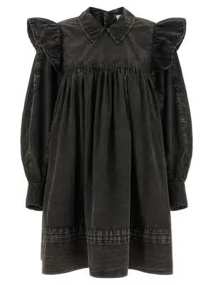 GANNI GANNI Washed Cotton Mini Shirt Dress With Ruffles Black