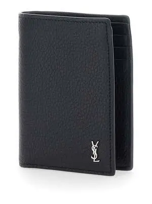 Saint Laurent Cassandre Card Holder With Hammered Leather Front Plate Black - Multicolor