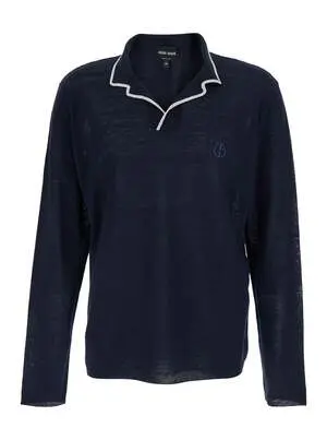 Giorgio Armani Linen And Silk Blend Sweater With Contrasting Collar And Embroidered Logo - Multicolor