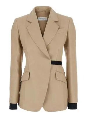 Max Mara Beige Linen Jacket With Notched Lapel And Belted Waist - Multicolor