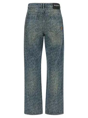 Balmain Monogram Stonewashed Straight Leg Jeans - Blue