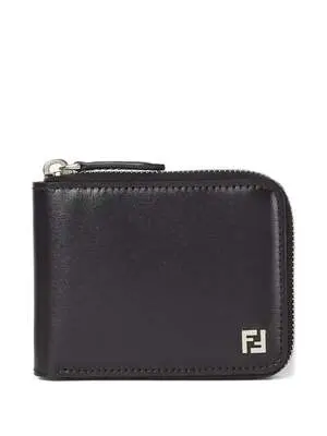 Fendi Leather Compact Wallet With Zip And Ff Logo - Black