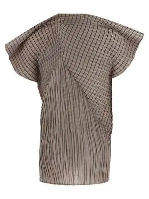 Issey Miyake Generic Stripes" High Neck Short Sleeve Top - Brown