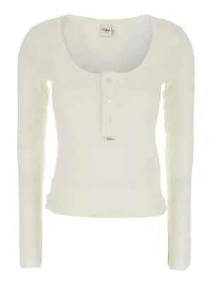 CHLOÉ CHLOE Long Sleeve Ribbed Knit Cotton T-Shirt With Logo Patch