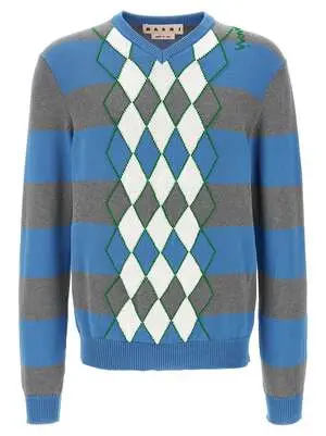 Marni Argyle Striped V-neck Sweater