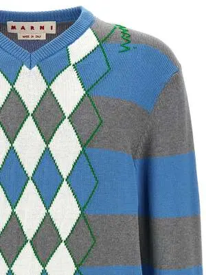 Marni Argyle Striped V-neck Sweater