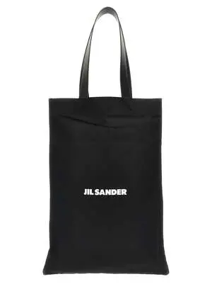 JIL SANDER Large Canvas Shopping Bag With Leather Handles And Logo Print - Black