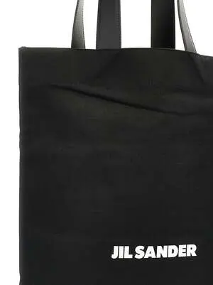 JIL SANDER Large Canvas Shopping Bag With Leather Handles And Logo Print - Black