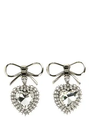 Alessandra Rich Metal Bow Earrings With Crystal Heart Pendant - Silver