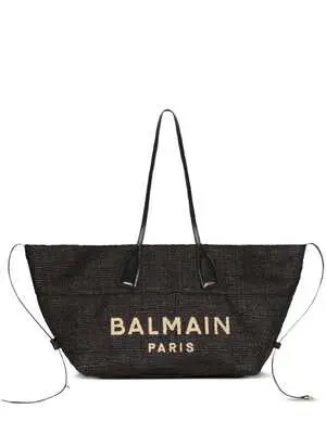 Balmain Embroidered Raffia Tote Bag - Black
