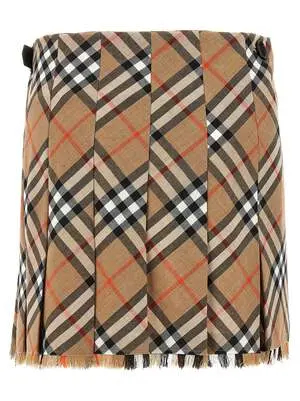 Burberry Mini Kilt Skirt With Check And Fringed Hem - Multicolor