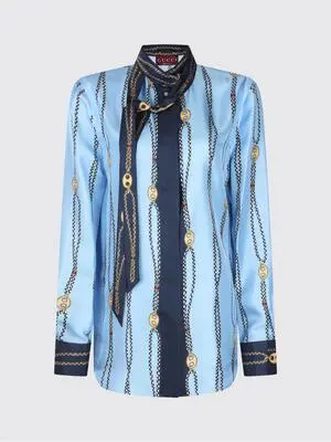 Gucci Chain Print Silk Shirt With Tie Neck - Blue