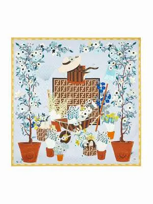 Fendi Foulard 90x90 "gardening" Print Silk Scarf - Blue
