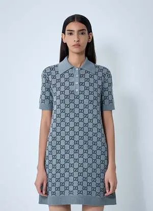Gucci Wool Knit All-over Logo Polo Mini Dress - Gray