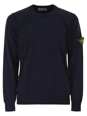 Stone Island STONE ISLAND Crew Neck Jumper With Small Lapel In Organic Cotton Blue