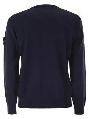 Stone Island Crew Neck Jumper With Small Lapel In Organic Cotton - Blue