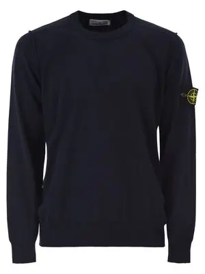 Stone Island Crew Neck Jumper With Small Lapel In Organic Cotton - Blue