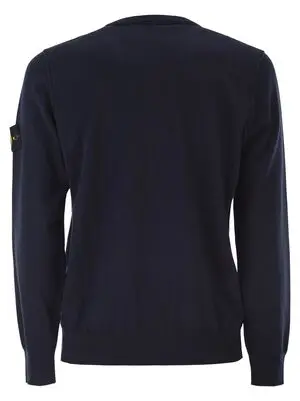 Stone Island Crew Neck Jumper With Small Lapel In Organic Cotton - Blue
