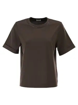 Brunello Cucinelli Cotton Jersey T-shirt With Embellished Crew Neck - Brown