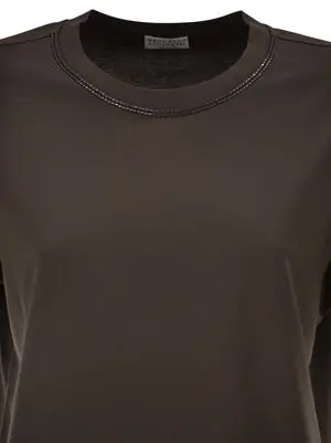 Brunello Cucinelli Cotton Jersey T-shirt With Embellished Crew Neck - Brown