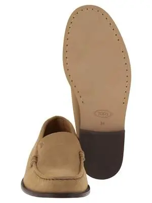 TOD'S Suede Leather Loafers With Metal Detailing - Cream