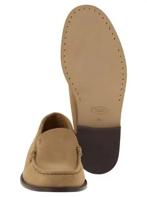 TOD'S Suede Leather Loafers With Metal Detailing - Cream