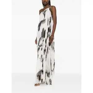 Max Mara Pleated One-shoulder Floral Print Gown - White