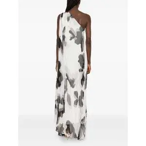 Max Mara Pleated One-shoulder Floral Print Gown - White