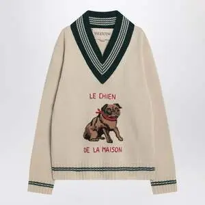 Valentino Garavani Le Chien De La Maison" Embroidered Virgin Wool Sweater - Cream