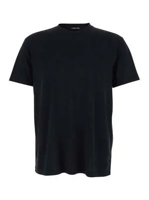 TOM FORD Crew Neck T-shirt With Logo Embroidery On The Front In Cotton Blend For - Black