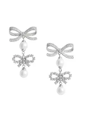 SELF-PORTRAIT Double Bow Pearl Drop Earrings - Silver