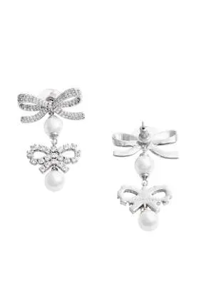 SELF-PORTRAIT Double Bow Pearl Drop Earrings - Silver