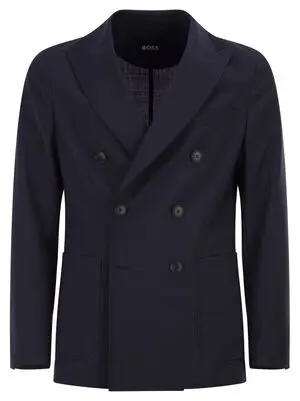 BOSS Double-breasted Blazer In Virgin Wool - Blue