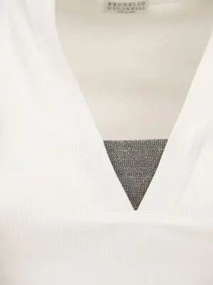Brunello Cucinelli Ribbed Jersey V-neck Top With Embellished Insert - White