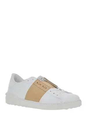 Valentino Garavani Leather Open Low Top Sneakers With Logo Tab And Rockstud Detail - White