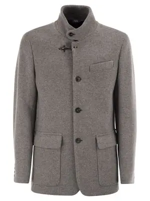 FAY Wool Blend Pea Coat With Herringbone Pattern - Gray